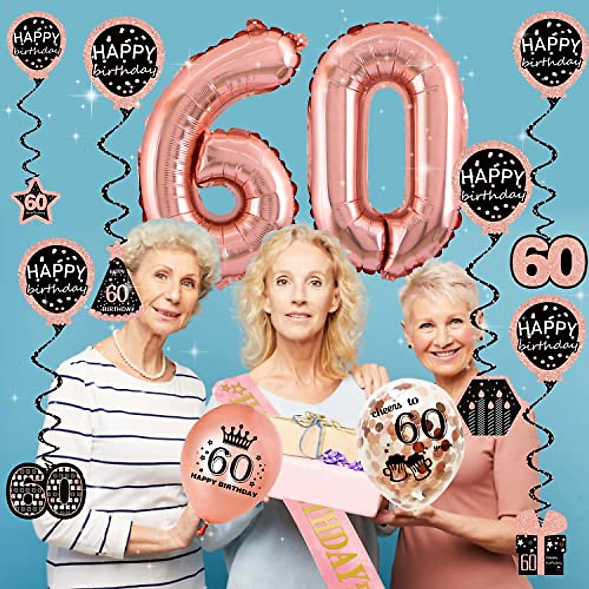 60th birthday decorations for women - (76pack) rose gold party Banner, Pennant, Hanging Swirl, birthday Balloons, Foil Backdrops, cupcake Topper, plates, Photo Props, Birthday Sash for gifts women