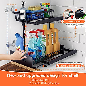 2 Packs Under Sink Organizer, 2 Tier Under Sink Organizers and Storage,Slide Out Pull Out Kitchen Cabinet Organizer,Sliding Drawer Metal Height Adjustable Shelf for Bathroom Organization Rack