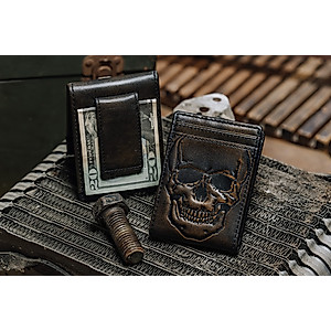 HoJ Co. SKULL Bifold Front Pocket Wallet | Biker Money Clip Wallet | Strong Magnetic Clip | Bifold with Money Clip | Slim Wallet
