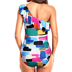 Tempt Me Women Color Block One Piece Swimsuits Tummy Control One Shoulder Bathing Suits Ruffle Swimwear Medium