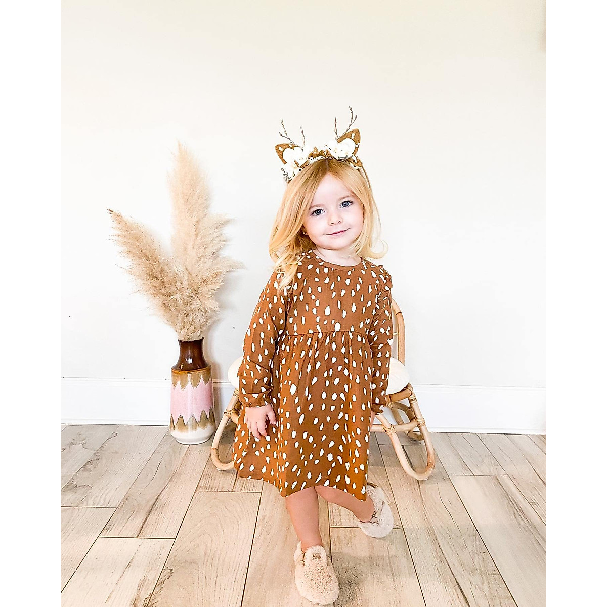 Hoanselay Toddler Infant Baby Girl Sister Matching Clothes Polka Dot Long Sleeve Romper Dress Cute Fall Winter Outfit Set (Brown, 5-6 Years)