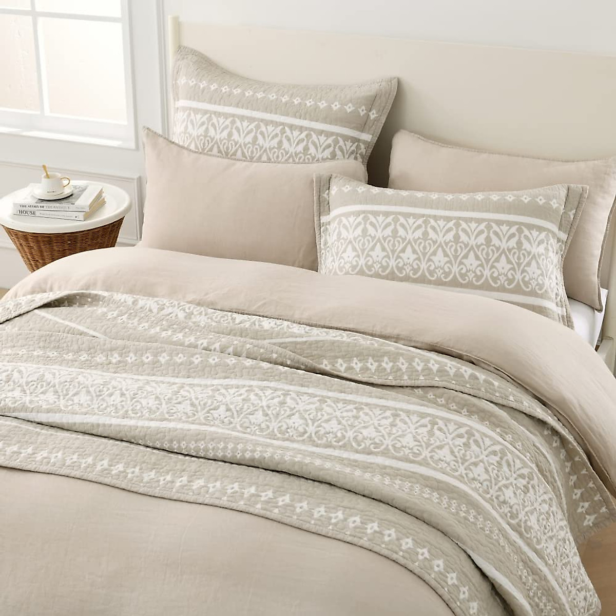 Toldlove Quilts Queen Size - Boho Quilt King 100% Cotton Oatmeal Bedding Set Bohemian Striped Bedspread Lightweight Rversible Comforter Coverlets All Season,Oatmeal/Begie White 3Pcs