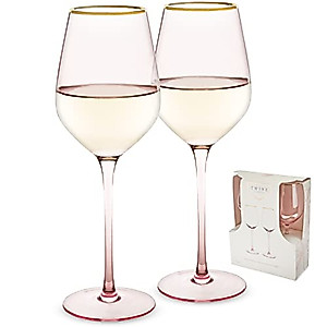 Twine Rose White Wine Glasses, Gold Rimmed Pink Tinted Crystal Wine Glass Set, Stemmed Wine Glasses, Set of 2, 14 Ounces