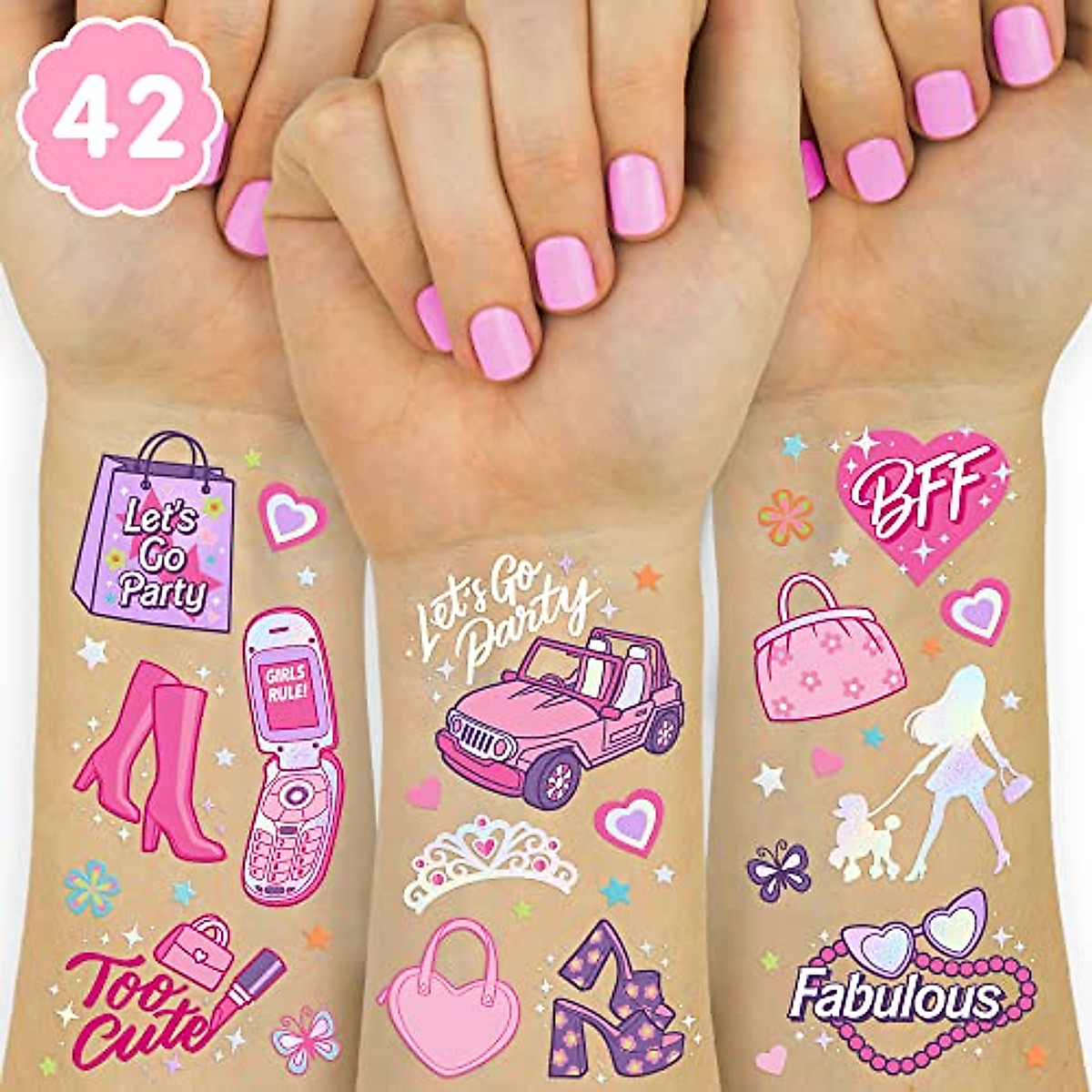 xo, Fetti Pink Temporary Tattoos for Girls - 42 styles | Pink Birthday Party Supplies, Party Favors, Cute Decorations, Easter Basket