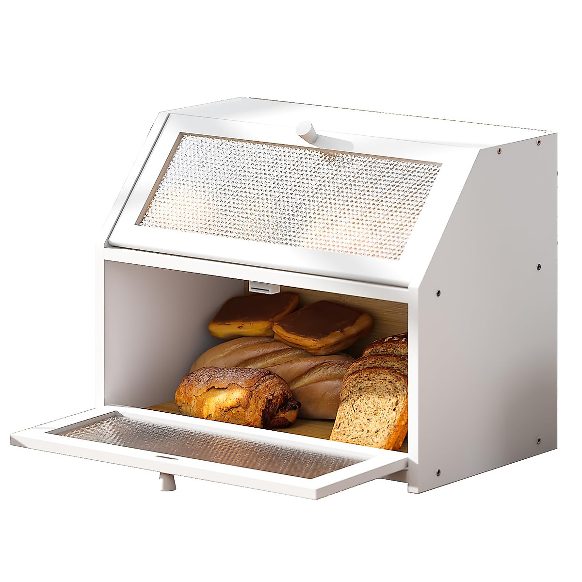 STDDRE Bread Box for Kitchen Countertop Bin Double Layer Bread Box Storage Container Extra Large Capacity Farmhouse Bread Box with Diamond Pattern Windows(Bamboo White)
