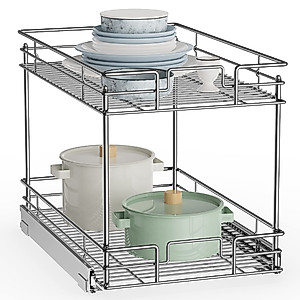 ROOMTEC New Version Pull Out Cabinet Organizer for Base Cabinet (17" W X 21" D), Kitchen Cabinet Organizer and Storage 2-Tier Cabinet Pull Out Shelves Under Cabinet Storage for Kitchen Silver,Chrome