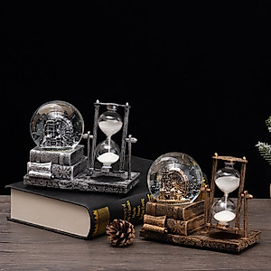 Antique Crystal Music Snow Globe with Sand Clock Timer Hourglass LED Music Globe Collectibles Home Decorations for Living Room Fireplace Mantel Silver Ferris Wheel