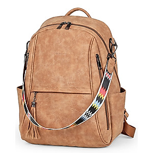 FADEON Leather Laptop Backpack Purse for Women Small Designer Laptop Bag,Multi-Pockets Travel Ladies Shoulder Bag Brown