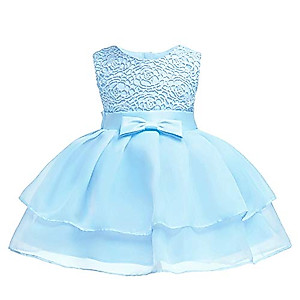 Girl Dress Kids Ruffles Lace Party Wedding Dresses Embroidered One Year Old Size 12-18M Baby Girls Cake Layer Ball Gown Sky Blue Birthday Graduation Tulle Special Occasion Tops Infant Light (Blue L)