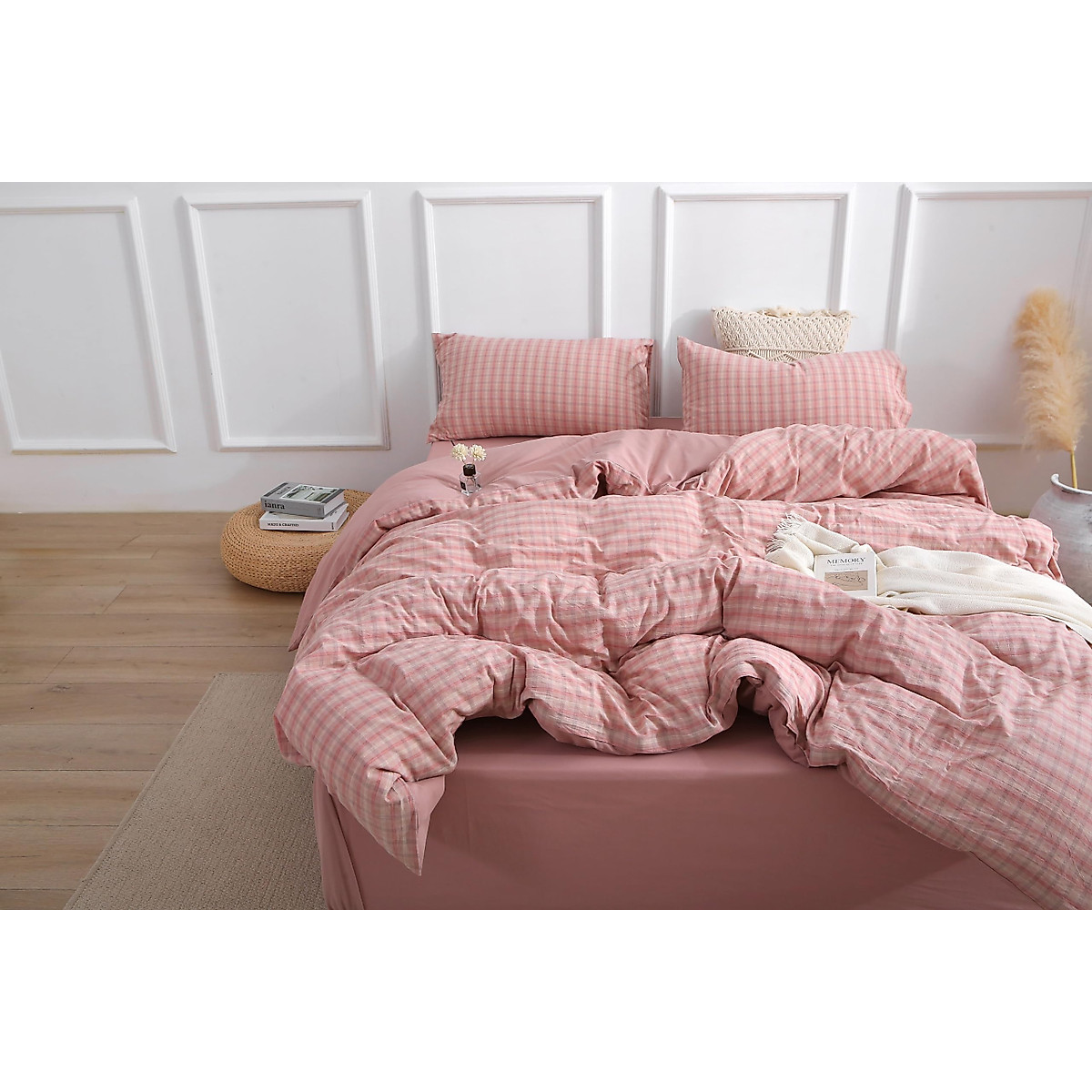 Generic All Season Washed Cotton Plaid & Gingham Duvet Cover Set - Soft, Durable Bedding in with Pillow Cases - Trendy, Versatile Bedroom Decor (Pink, Full/Queen)