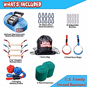 Double Ninja Slackline Obstacle Course for Kids | 80 Foot Line | Ninja Slackline Monkey Bars Playground Equipment | Ninja Ropes Course | Patented Double Line Design