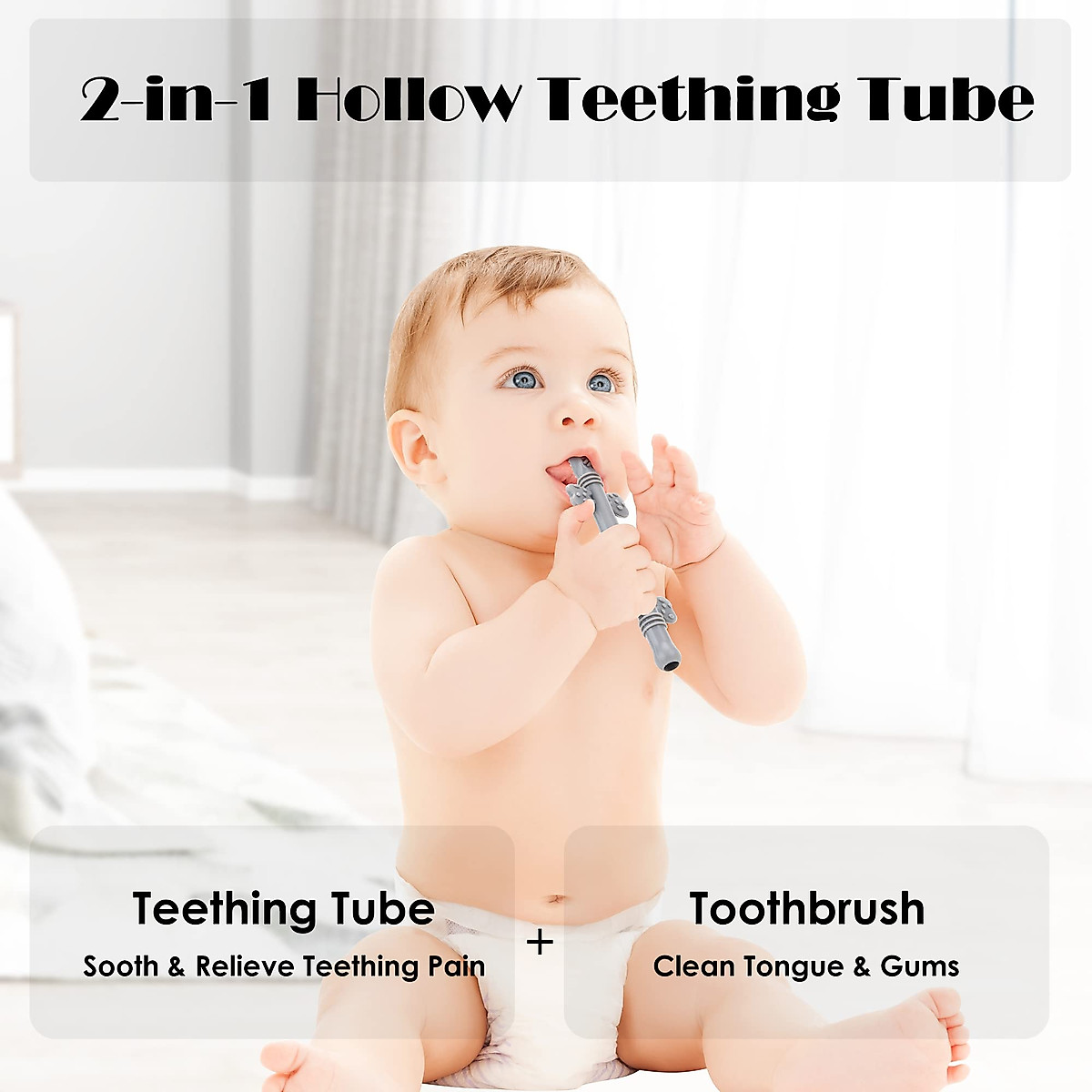 Hollow Teething Tubes with Safety Shield， Silicone Teether Toy for Babies 3-18 Months， BPA Free/Freezable Toddler Baby teether Toothbrush-Easy to Clean(Four-Color)