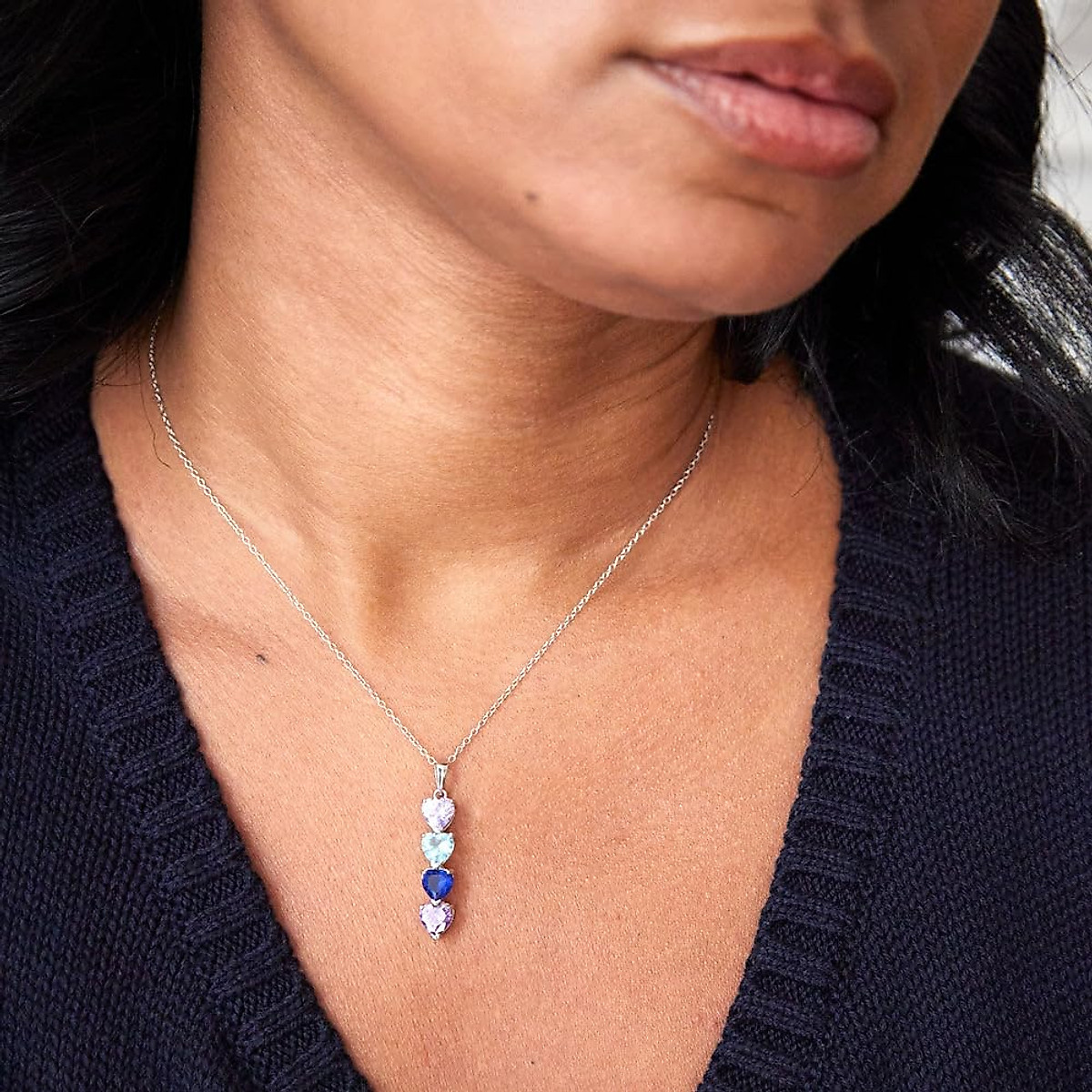 EVE'S ADDICTION Custom 4 Stone Simulated Birthstone Heart Necklace (16"), 925 Sterling Silver Heart Drop Necklace for Women - Women's Personalized Heart Necklace - Gifts for Mom