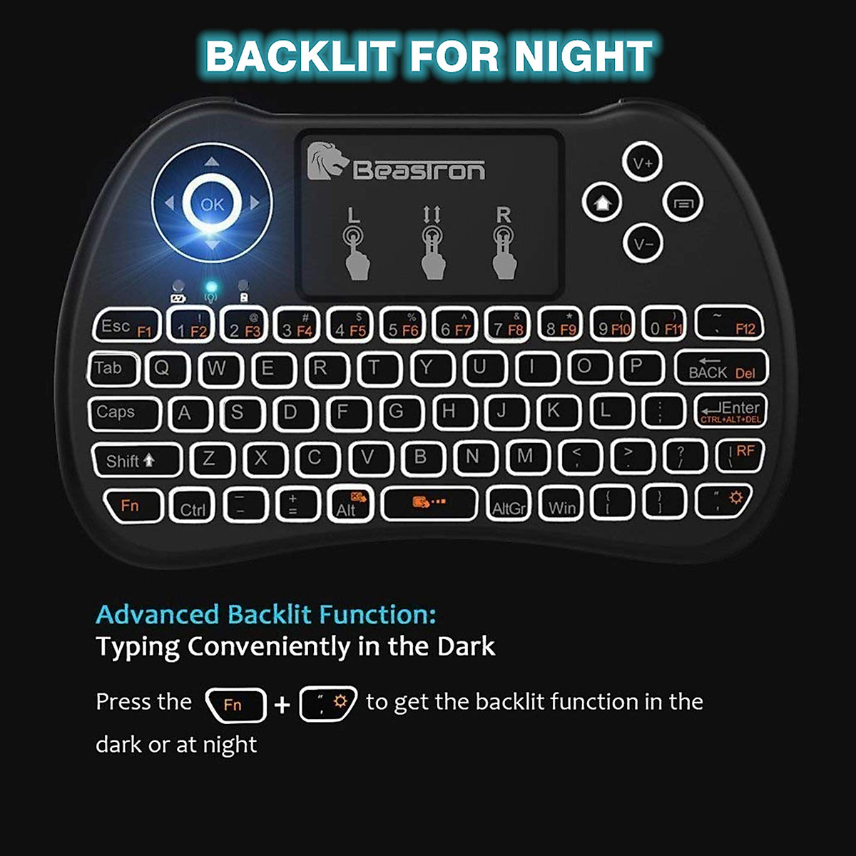 Beastron (Upgraded) 2.4G Mini Wireless Keyboard with Touchpad Mouse＆QWERTY Keyboard, Backlit Portable Keyboard Wireless with Remote Control for Laptop,PC,Google Android TV,Xbox,PS3/4 .Black
