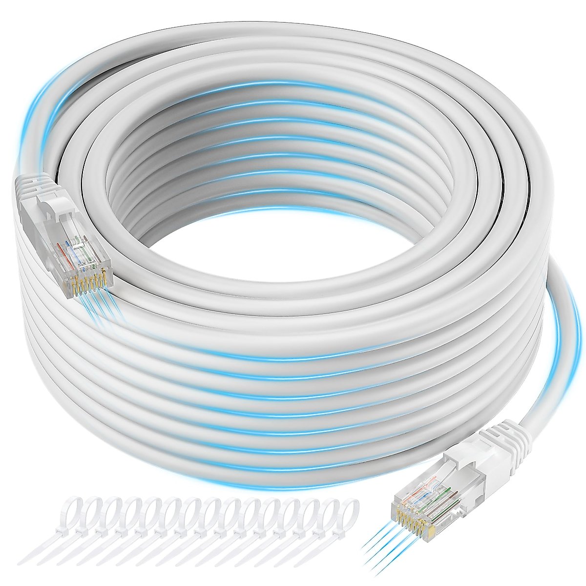 Cat 6 Ethernet Cable 100 FT, Long High Speed Cat6 Internet Cable, White Snagless Patch Cord, Flexible, Network, LAN, PoE, Standard RJ45 Connector for PC, Server, Router, Modem, TV, PS5 - with 15 Ties
