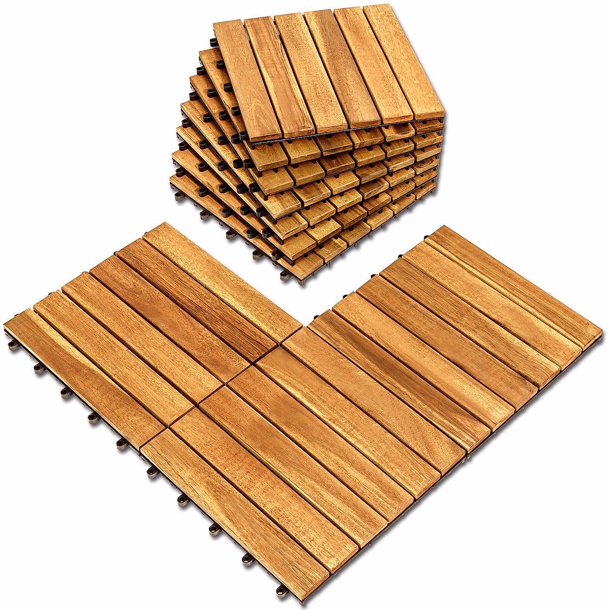 Deck Tile (Pack of 10, 12"x12") Hardwood Deck Tile, Interlocking Patio Tile in Solid Acacia Wooden Oiled Finish Waterproof All Weather Perfect for Indoor Outdoor 6 Slat (Acacia Wood- 10 Pcs, 6 Slat)