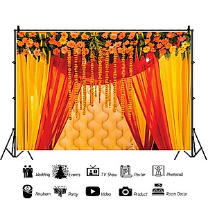 YongFoto 8x6ft Happy Diwali Backdrop Banner Indian Traditional Backdrop Happy Holi Backdrop Hindu Indian Wedding Background Flower Garland Yellow Tulle Curtain Anniversary Backdrop