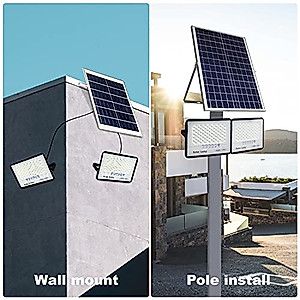 2 Pack 100W LED Solar Flood Lights Outdoor with Remote,Dusk to Dawn Solar Security Street Light Waterproof IP67 for Fence,Garden,Pool,Barn,Lawn,Flag Pole White