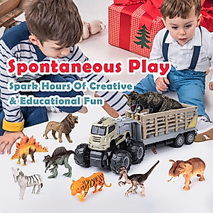 Dinosaur Truck Carrier Playset Toys Dinosaur Toys for Kids 3-5 5-7 Friction Powered Dinosaur Transport Car with 4 Dinosaurs and 4 Wildlife Animals Figures
