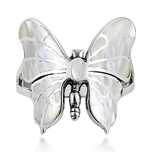 AeraVida Exotic Graceful Butterfly White Mother of Pearl Inlay .925 Sterling Silver Ring