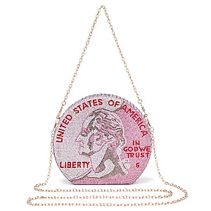 Covelin Women's Dollar Coin Handbag Rhinestone Purse Evening Clutch Bag Pink
