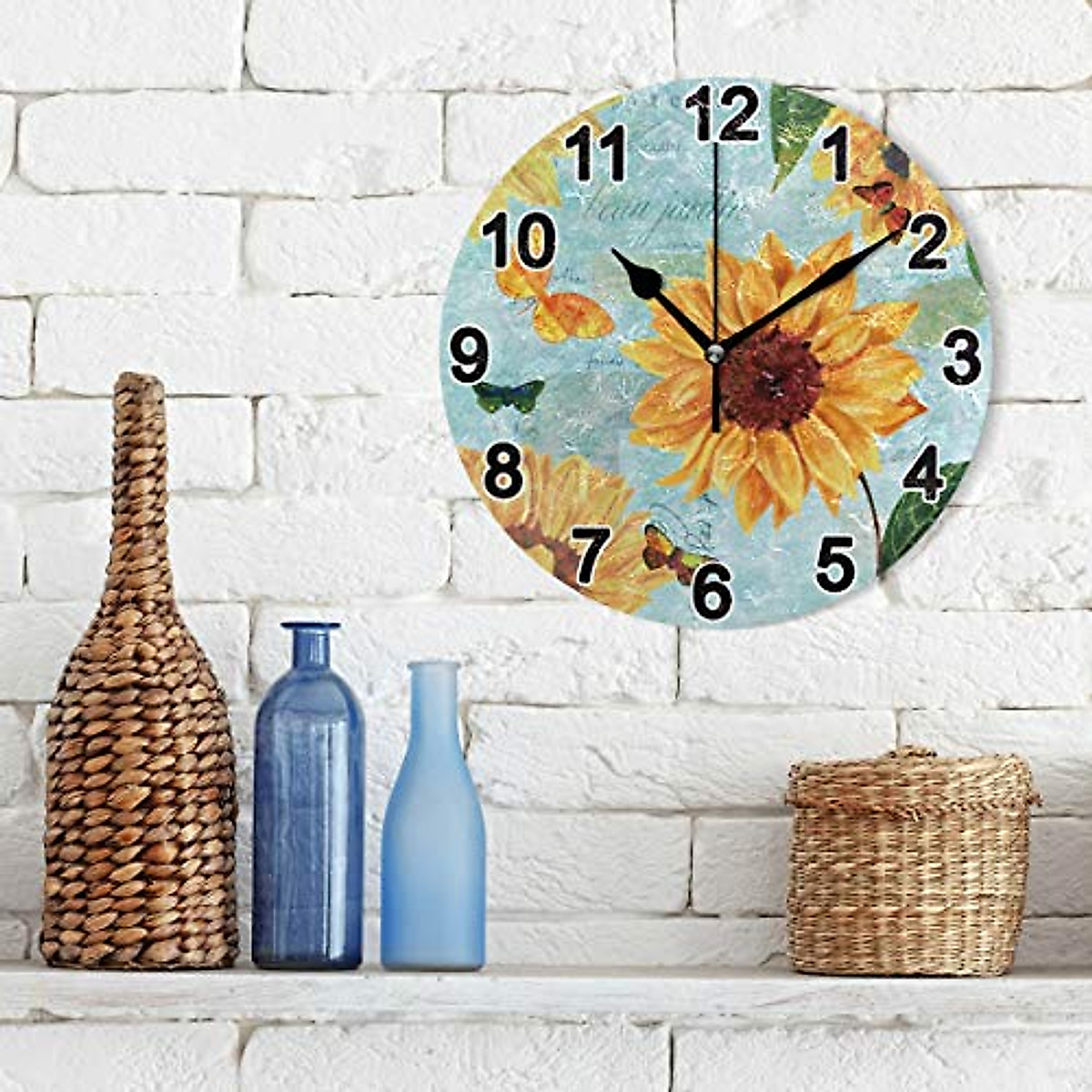 KEIGE Sunflower Flowers Fall Wall Clock 9.8 Inch Non Ticking for Girl Boy Bedroom Acrylic Round Clock for Bathroom Kitchen Living Room Office 2110047