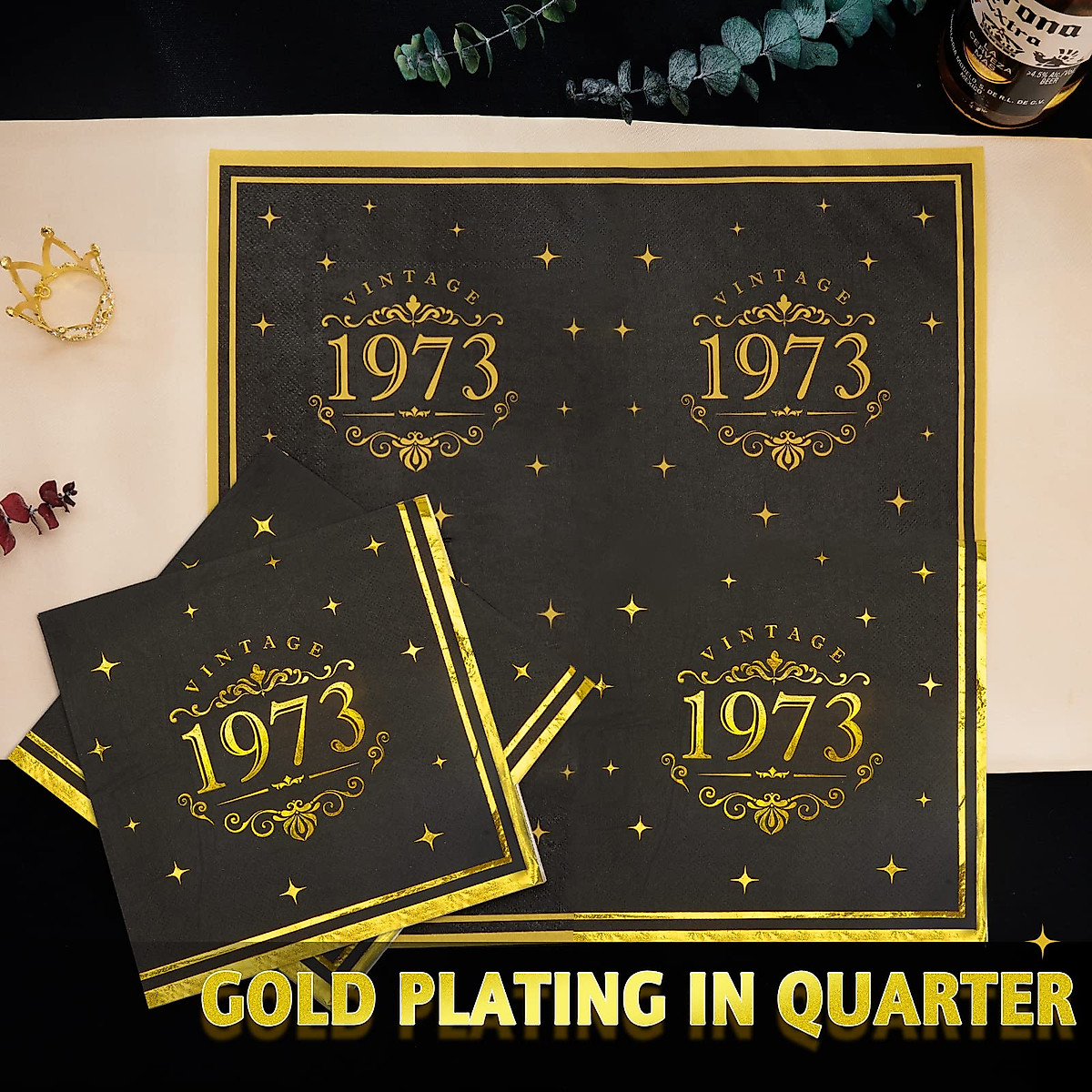 50th Paper Plates and Napkins - Gold Foil Stamp 72PCS Disposable Plates Paper Napkins, Vintage 1973 Retirement Wedding Anniversary Birthday Party Balck Gold Tableware Serves 24 Guest, 9” & 7” Plates