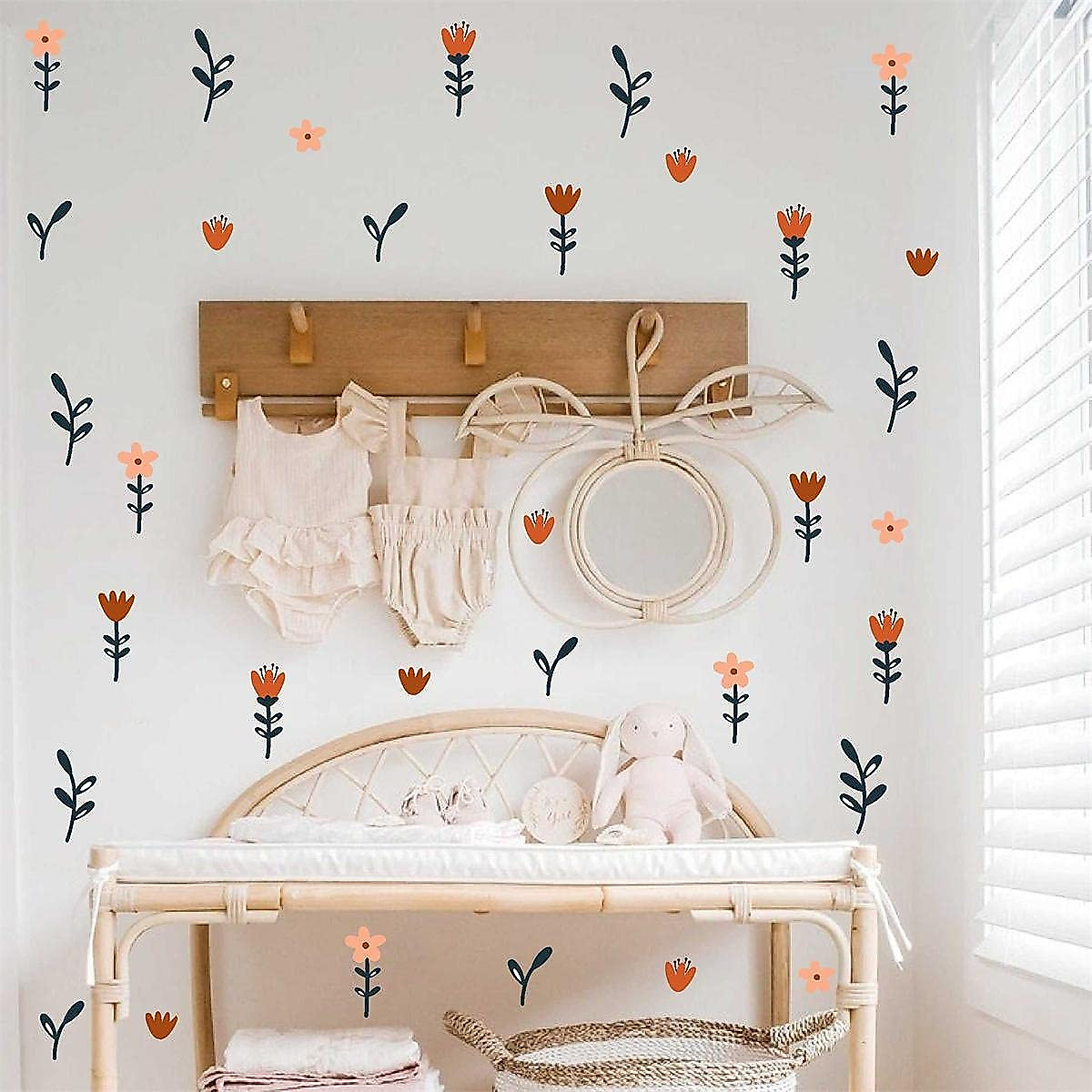 IKEYU Retro Boho Flower Wall Decals - Cute Green Leaf Wall Stickers for Nursery & Kids Bedroom, Retro Flower, IKEYU-31