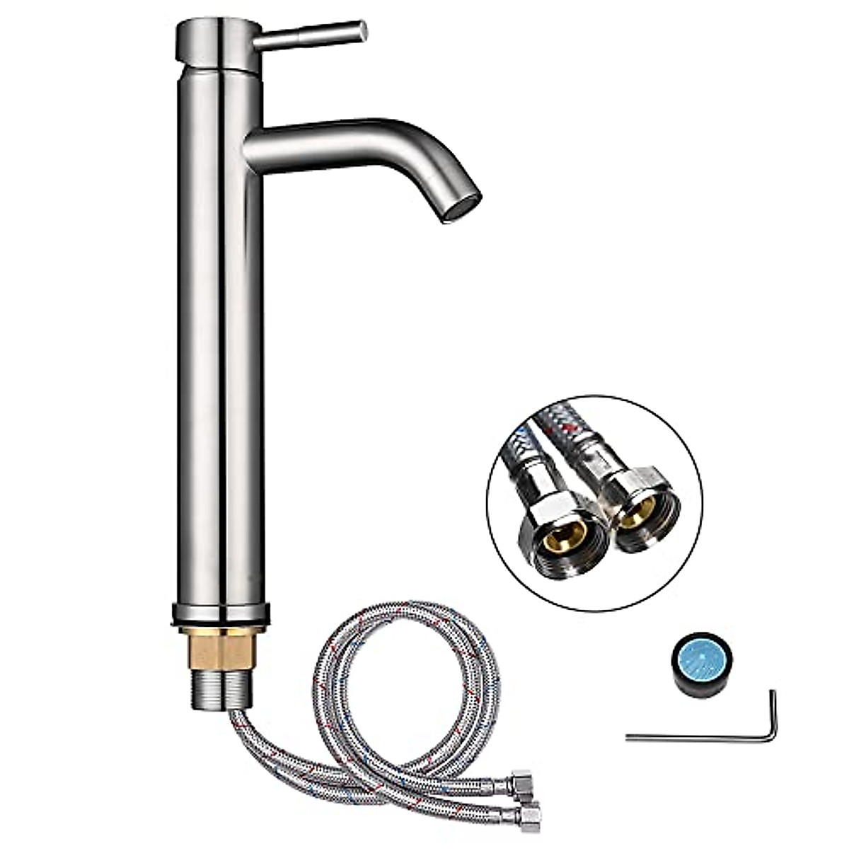 Aquaterior Single Handle Vessel Sink Faucet 12 inch Tall Bathroom Sink Faucet Hot and Cold Water Mixer Stainless Steel Single Hole Faucet Brushed Nickel (CUPC NSF CEC)