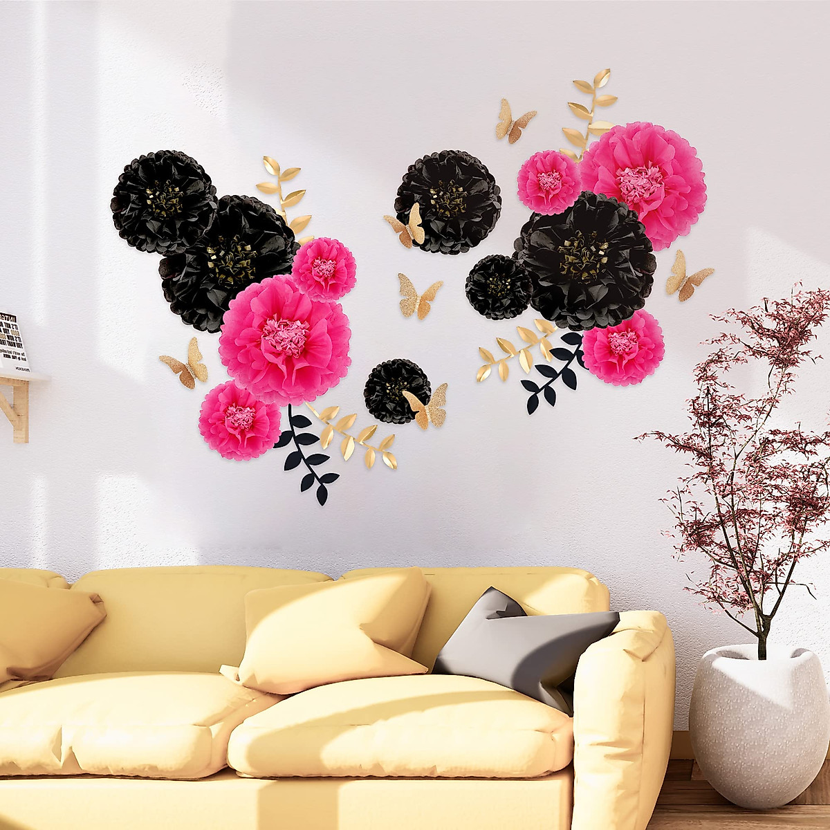 Fonder Mols Tissue Paper Flowers Pom Poms Blooms(Black & Hot Pink, 12pcs) for Bridal Shower Bachelorette Birthday Party Nursery Wall Decorations, Hot Pink and Black Party Decorations