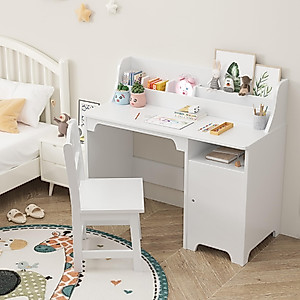 Kids Desk and Chair Set,Study Desk for Kids with Hutch, Storage Cabinet, Wooden Children Study Table, Student Writing Desk Computer Workstation for Kids Bedroom & Study Room,White