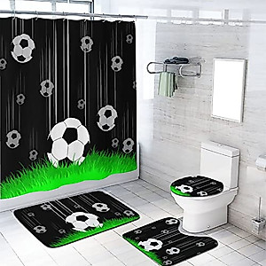Soccer Shower Curtain Set Cartoon Black and White Football Shower Curtain Set with Rugs, Toilet Lid Cover and Bath Mat, 70.8×70.8