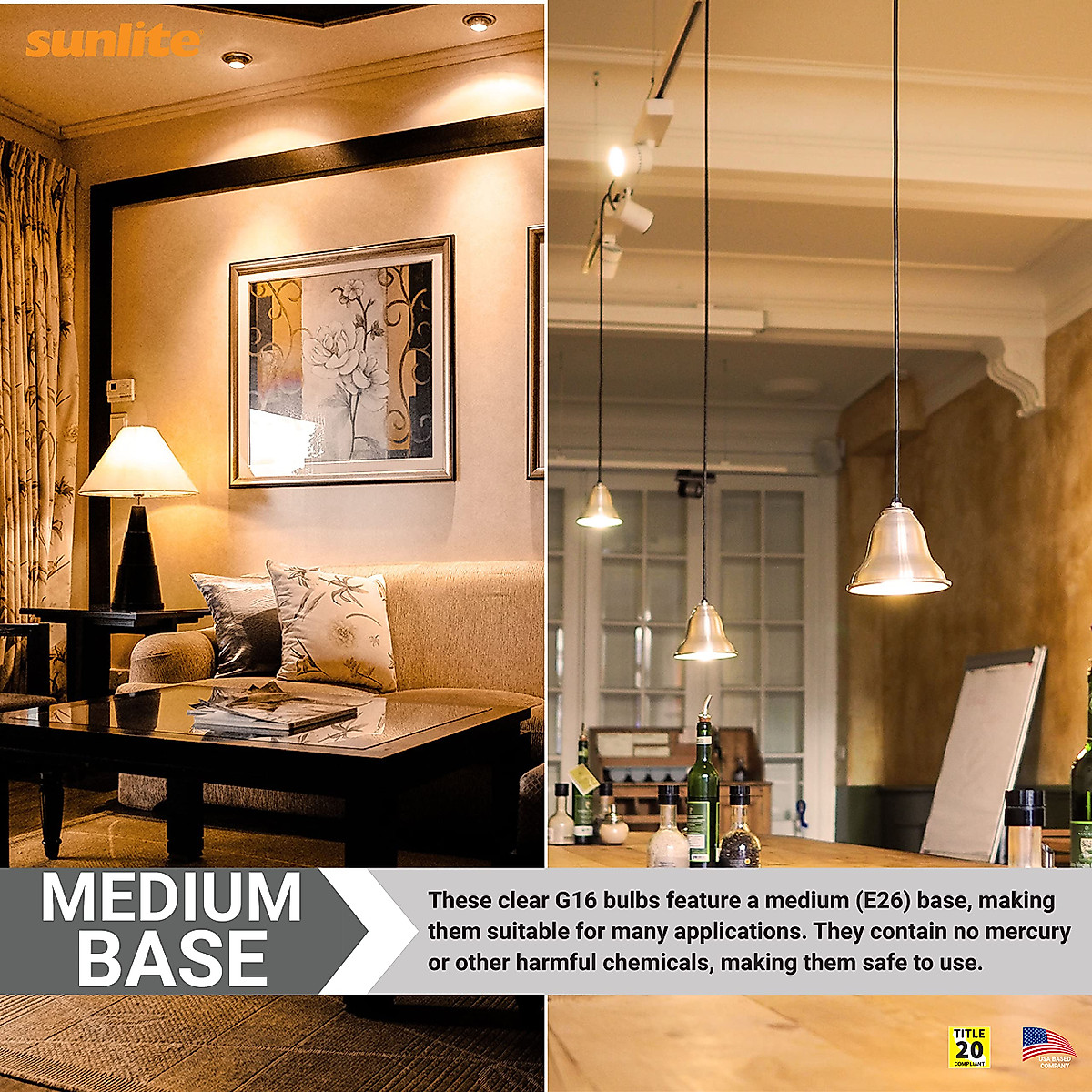 Sunlite 40135 G16 Globe Incandescent Light Bulbs, 25 Watts, Medium Base (E26), 120 Volt, Dimmable, 180 Lumens, Title 20 Approved, 2600K Warm White, Clear, 12 Count