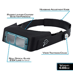 Headband Magnifier Headset - Magnifying Visor with 4 Real Glass Optical Lens Plates (1.5X, 2X, 2.5X, 3.5X)