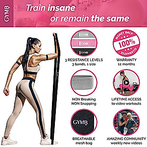 GYMB Long Resistance Band Set - Non Slip Cloth Exercise Bands to Workout Glutes, Thighs & Legs - Booty Band Training for Gym & Home Fitness, Yoga, Pilates - 3 Levels (Pink, Gray, Black)