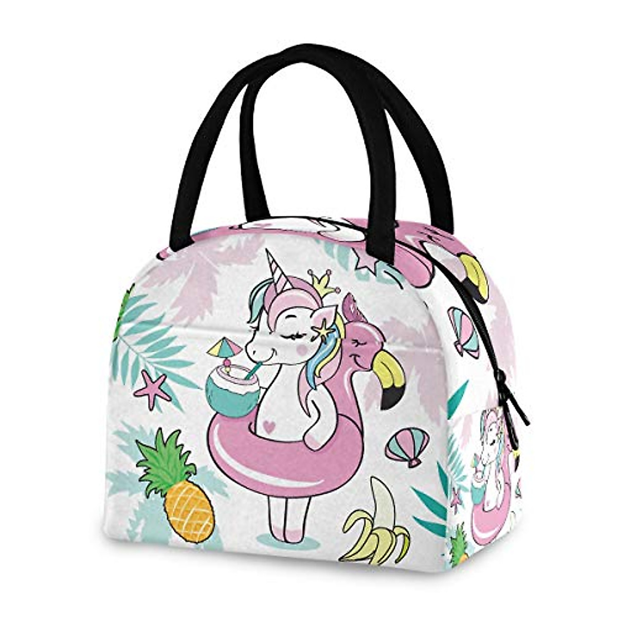 OREZI Beautiful Unicorn Flamingos Palm Leaves School Lunch Bag for Girls Boys,Insulated Lunch Tote Bag,Leakproof Container Lunchbox for Woman Men Work Picnic Hiking Fishing