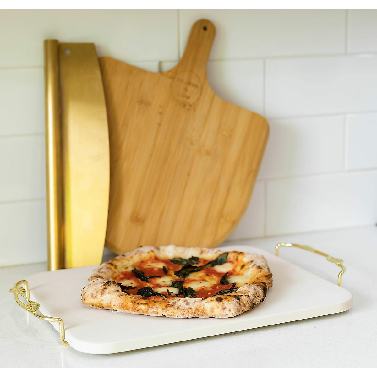 Hearth & Leaf Cordierite Pizza Stone for Oven and Grill. Including Bamboo Pizza Peel, Pizza Cutter & Gold Detachable Serving Handles - Kitchen Accessories - Baking Supplies -15 inch Large Stone