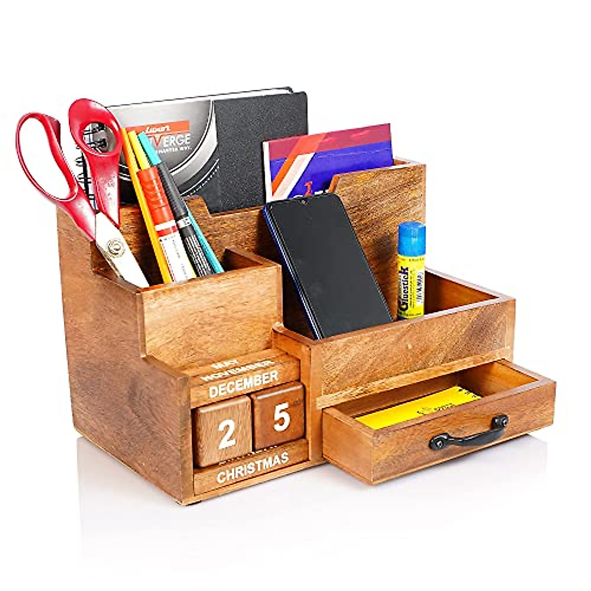 Wooden Desk Organizers for Home & Office – Large Rustic Mail Holder w/ Bonus Holiday & Date Blocks – Wooden Letter Organizer for Desk – Vintage Aesthetic Office Supplies – Natural Wood, 6” x 12” x 7”