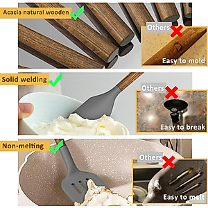 Umite Chef Silicone Cooking Utensil Set, 8-Piece Kitchen Utensils Set with Natural Acacia Wooden Handles,Food-Grade Silicone Heads-Silicone Kitchen Gadgets and Spatula Set for Nonstick Cookware - Grey