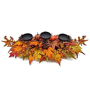Thanksgiving Centerpiece Fall Table Decorations, Artificial Gourd, Pumpkins, Pine Cones, Maple Leaves and Berries Harvest Table Candle Holder for Dinning Table, Fireplace Mantel (Candle Not Included)