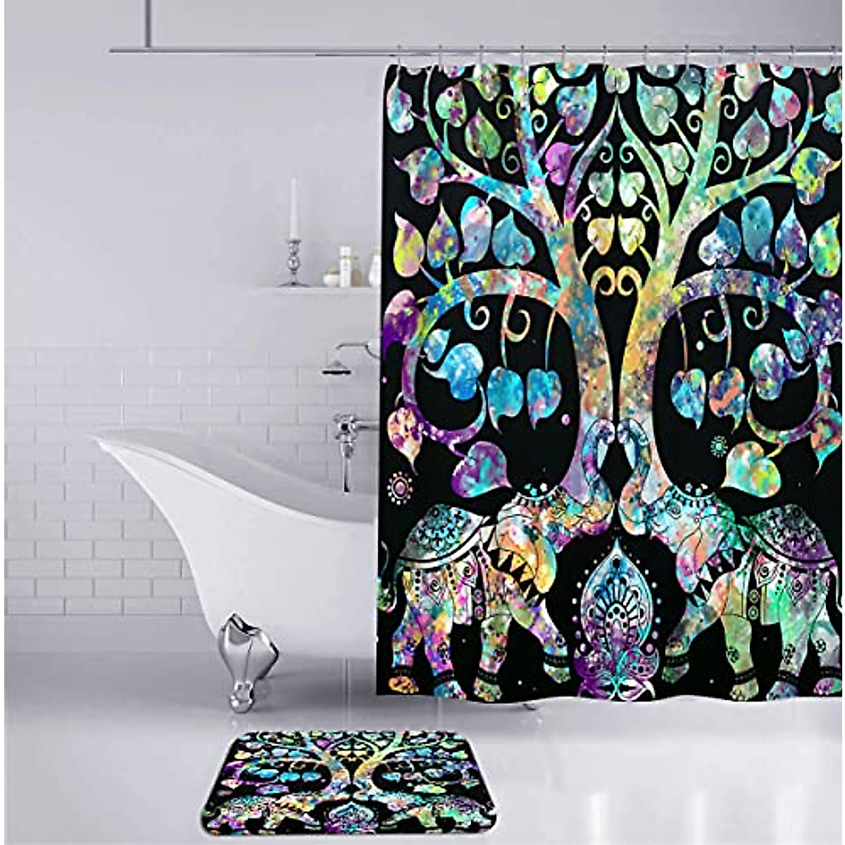 DuoBaorom 4 Pieces Set Boho Elephant Shower Curtain Set Boho Paisley Animal Tree of Life Picture Print on Non-Slip Rugs Toilet Lid Cover Bath Mat and Bathroom Curtain with 12 Hooks 72x72inch