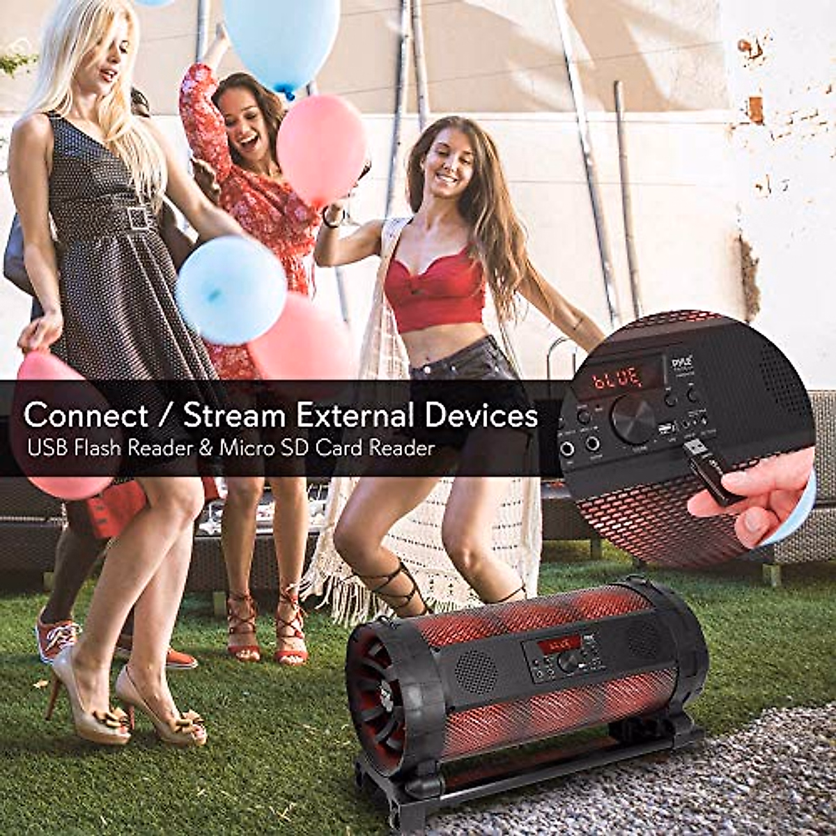 Pyle Portable Bluetooth Boombox Stereo System - 600 W Digital Outdoor Wireless Loud Speaker w/LED Lights, FM Radio, MP3 Player, USB, Wheels, w/ Karaoke Microphone, Remote Control - PBMSPG198, Black