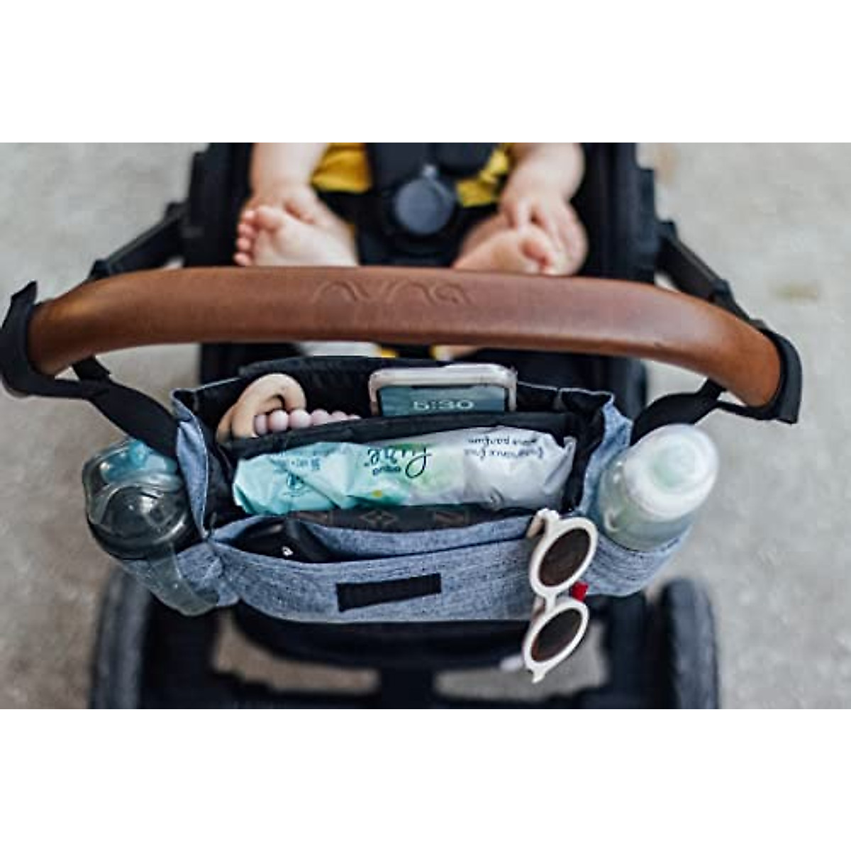 Lei Lei & Co Stroller Caddy Organizer – Baby Stroller Organizer with Protective Pocket, Stroller Phone Holder, Baby Cup Holder, Diaper Holder, & Adjustable Stroller Straps (Blue)