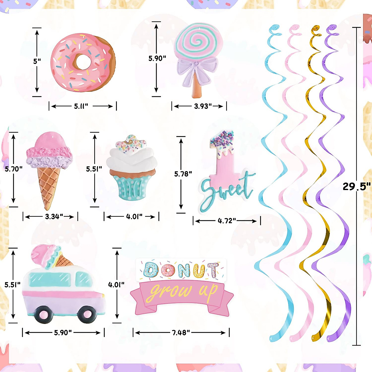 20Pcs Ice Cream Sweet One First Birthday Party Decorations, Ice Cream and Donut Party Hanging Swirls, Summer Ice Cream Party Ceiling Hanging Streamers for Ice Cream 1st Bday Girls Donut Party Supplies