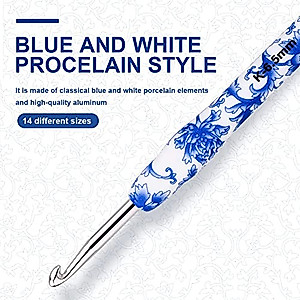 BCMRUN Crochet Hooks Set with Case 14 Size Blue and White Porcelain Pattern for Arthritis Hands, 2.25mm(B)-10mm(N) Crochet Needles for Beginners, Mothers Day Gift, Crochet Lovers (Azure)