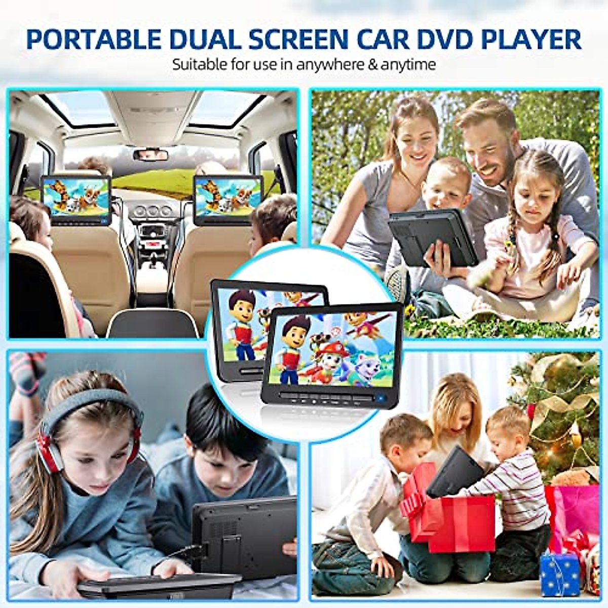 DESOBRY 10.5" Portable DVD Player for Car, Car DVD Player Dual Screen with HDMI Input, 5-Hour Rechargeable Battery, HD Transmission, Headrest DVD Player Supports USB, Last Memory (1 Player+1 Monitor)