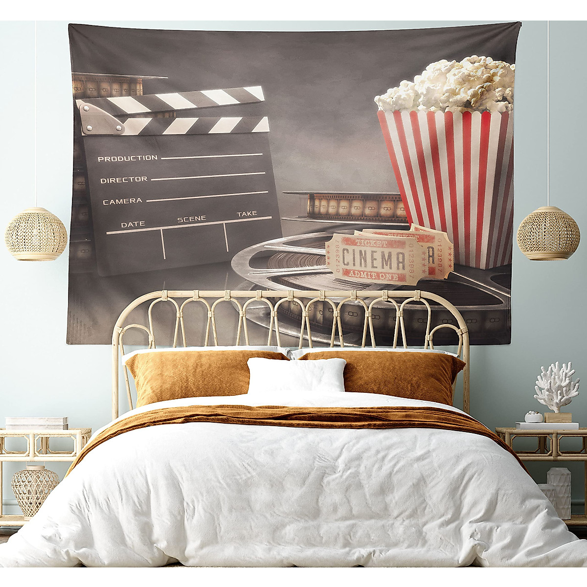 Ambesonne Movie Theater Tapestry, Old Fashion Entertainment Objects Related to Cinema Film Reel Motion Picture, Wide Wall Hanging for Bedroom Living Room Dorm, 80" X 60", Yellow White