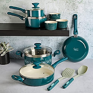 Spice by Tia Mowry Savory Saffron 16-Piece Healthy Nonstick Ceramic Cookware Set - Teal