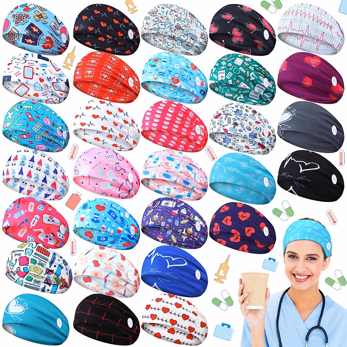 Tigeen 30 Pcs Nurse Headbands for Women Nursing Headbands with Buttons Stretch Non Slip Elastic Hair Bands Ear Protection Medical Headbands for Doctors Nurse Work Head Wraps Hairband for Sports