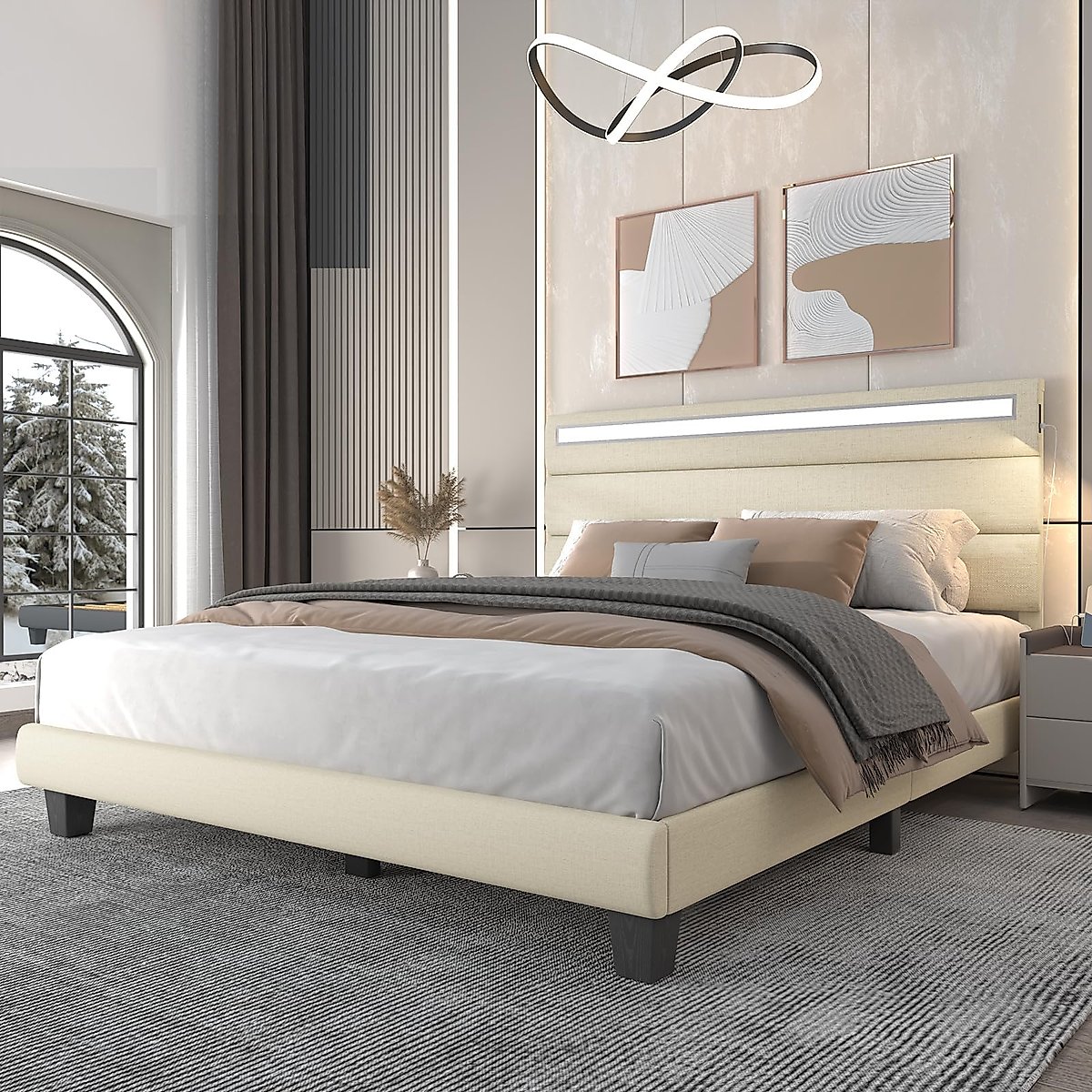 Kallabe King Size Bed Frame with LED Lights, Upholstered Bed Frame with Charging Station and Linen Fabric Tufted Headboard, Wood Slats Support, Noise-Free, Easy Assembly, No Box Spring Needed, Beige